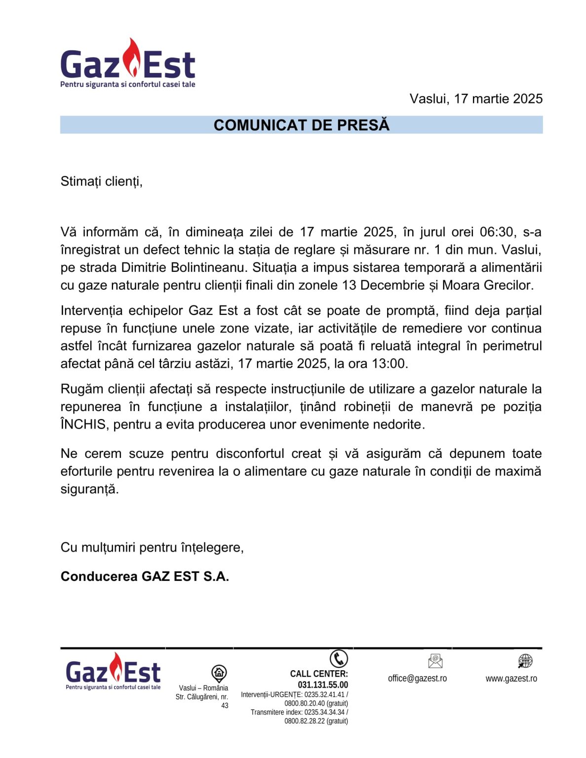 COMUNICAT DE PRESĂ GAZ EST S.A. – DEFECȚIUNE TEHNICĂ- 13 DECEMBRIE ...